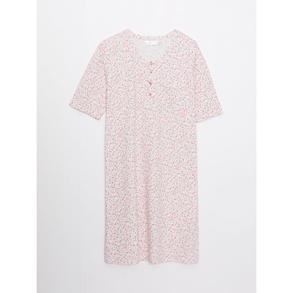 LCW DREAM Bisiklet Yaka Desenli Kısa Kollu Pamuklu Kadın Gecelik