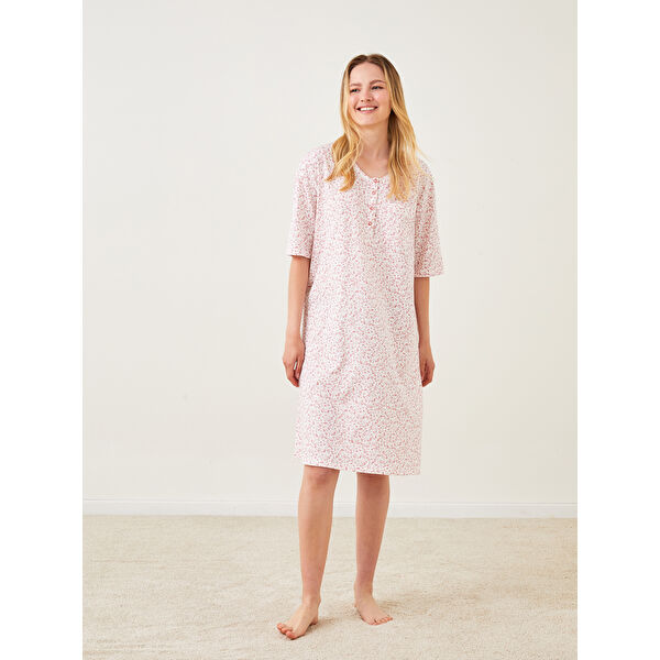 LCW DREAM Bisiklet Yaka Desenli Kısa Kollu Pamuklu Kadın Gecelik