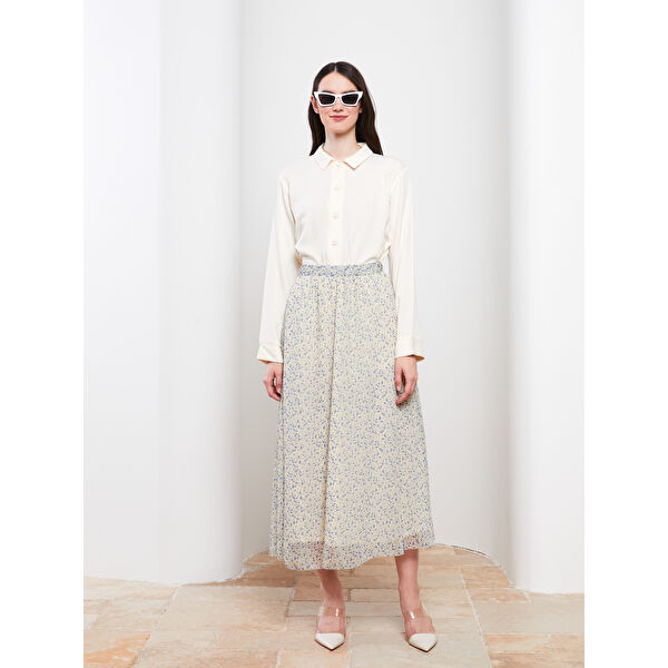 MODEST Beli Lastikli Desenli Şifon Kadın Volanlı Etek