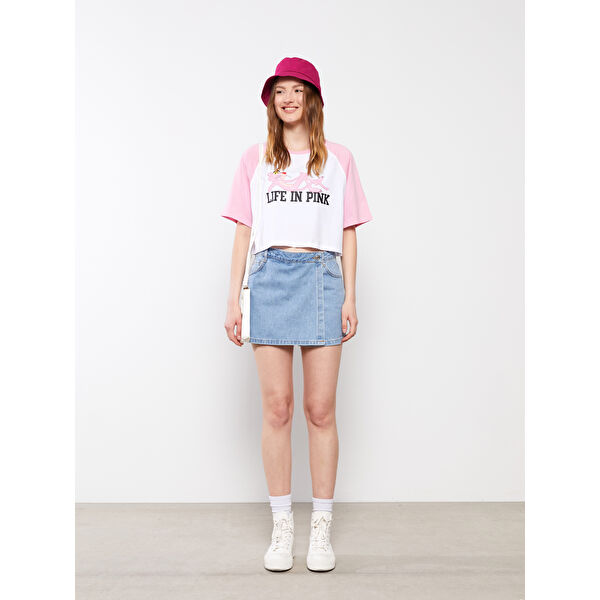 Bisiklet Yaka Pembe Panter Baskılı Kısa Kollu Pamuklu Kadın Tişört