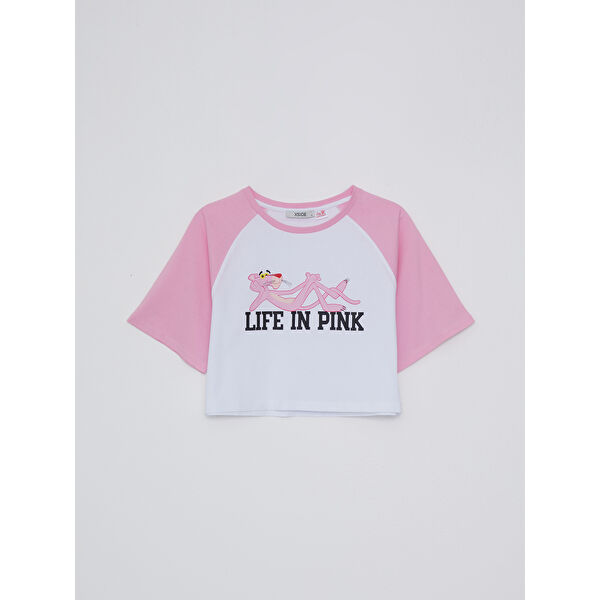 XSIDE Bisiklet Yaka Pembe Panter Baskılı Kısa Kollu Pamuklu Kadın Tişört