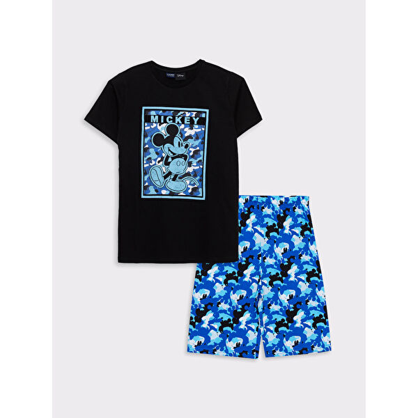 Bisiklet Yaka Mickey Mouse Baskılı Kısa Kollu Erkek Çocuk Şortlu Pijama Takımı