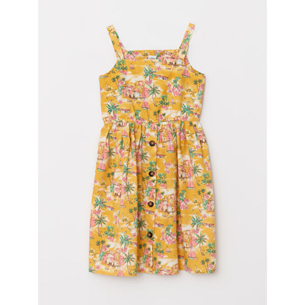 Kare Yaka Desenli Askılı Poplin Kız Çocuk Elbise