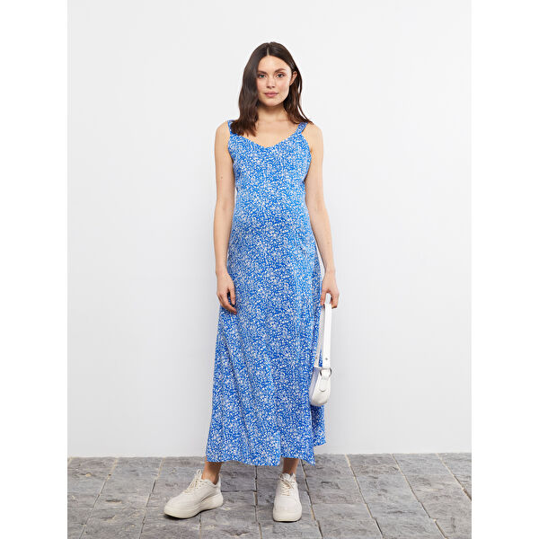 V Yaka Desenli Askılı Viskon Hamile Elbise