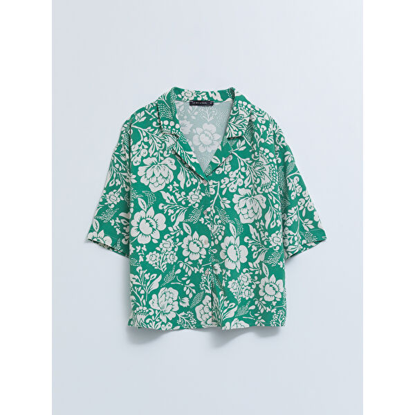 LCW CASUAL Önden Düğme Kapamalı Çiçekli Kısa Kollu Keten Kadın Gömlek