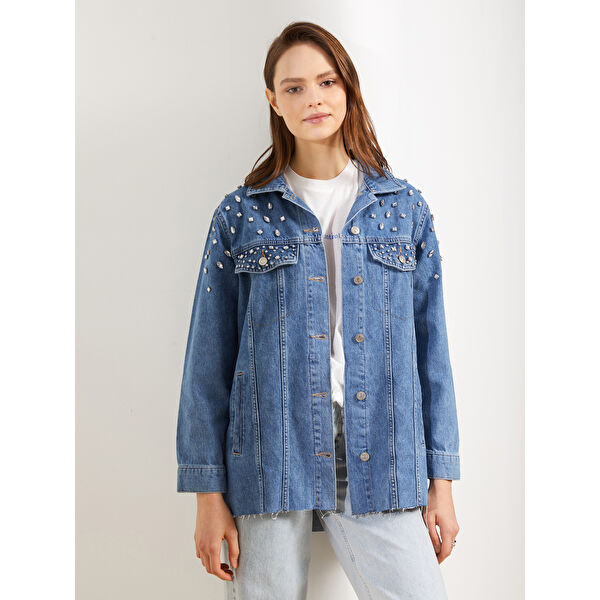 MODEST Gömlek Yaka Parlak Taş Baskılı Uzun Kollu Kadın Jean Ceket