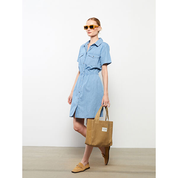 Gömlek Yaka Düz Kısa Kollu Kadın Jean Elbise