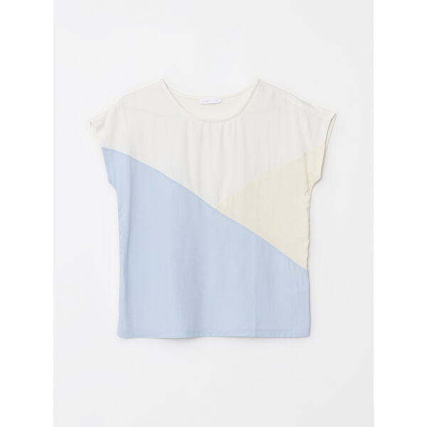 LCW CLASSIC Bisiklet Yaka Renk Bloklu Kısa Kollu Krep Kadın Tişört