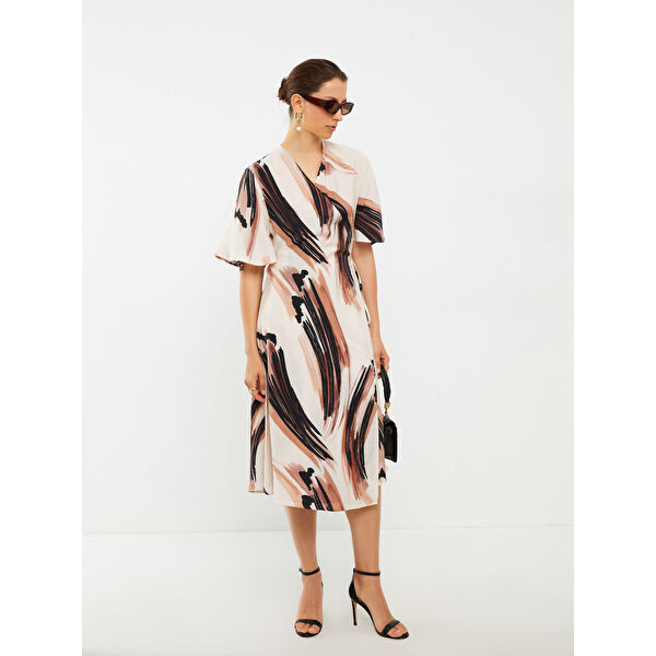 LCW CLASSIC Kruvaze Yaka Desenli Kısa Kollu Kadın Elbise