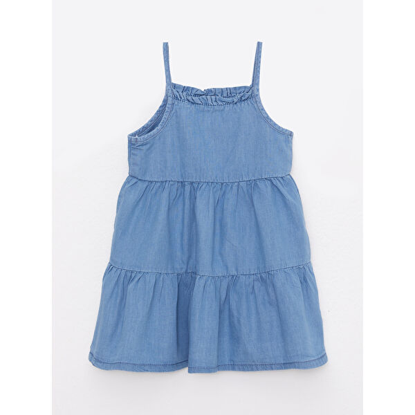 Kare Yaka Askılı Pamuklu Kız Bebek Jean Elbise