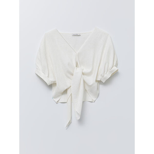 LCW CASUAL V Yaka Düz Kısa Kollu Keten Kadın Bluz