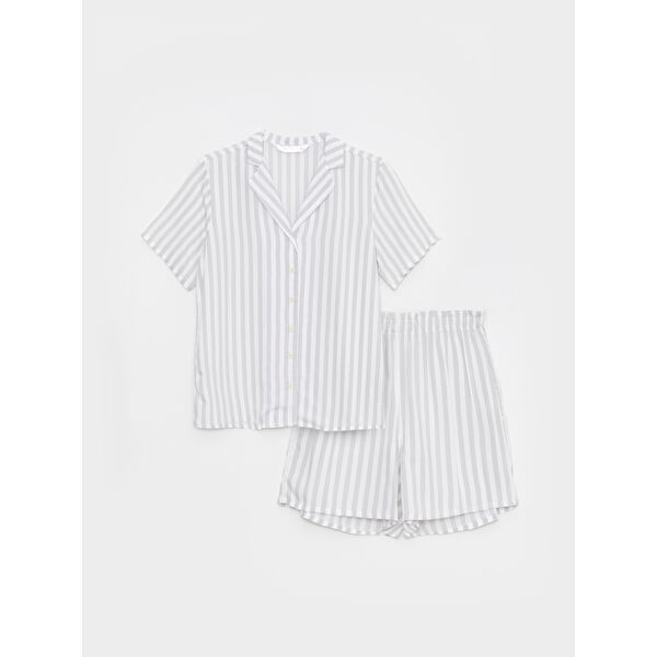 LCW DREAM Gömlek Yaka Çizgili Kısa Kollu Viskon Kadın Pijama Takımı