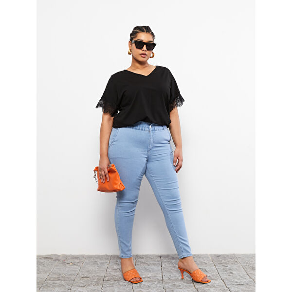 Büyük Beden Beli Lastikli Standart Fit Düz Kadın Rodeo Jean Pantolon Büyük Beden Beli Lastikli Standart Fit Düz Kadın Rodeo Jean Pantolon