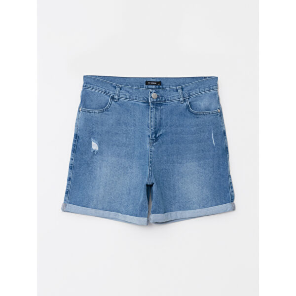 Büyük Beden Standart Fit Düz Cep Detaylı Kadın Jean Şort