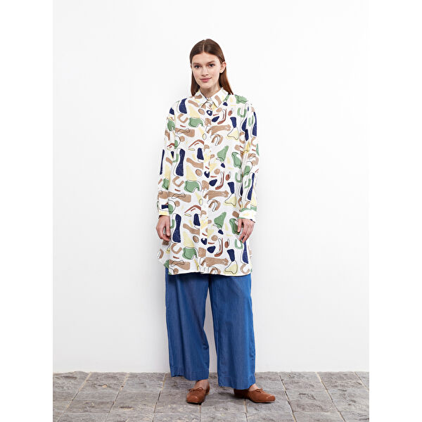 MODEST Gömlek Yaka Desenli Uzun Kollu Oversize Kadın Tunik