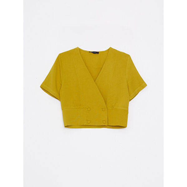 LCW VISION Kruvaze Yaka Düz Kısa Kollu Crop Keten Kadın Bluz