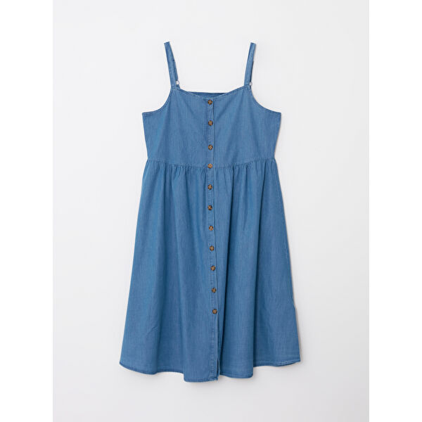 Büyük Beden Kare Yaka Düz Askılı Kadın Rodeo Jean Elbise