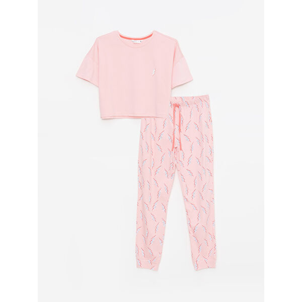 LCW DREAM Bisiklet Yaka Desenli Kısa Kollu Pamuklu Kadın Pijama Takımı