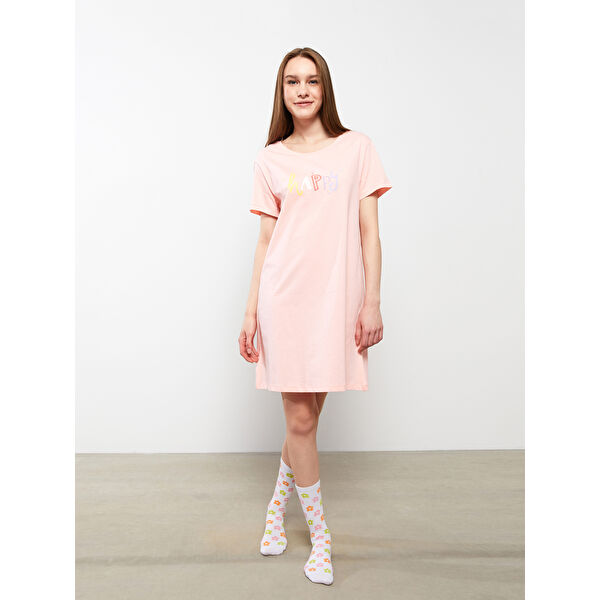 LCW DREAM Bisiklet Yaka Baskılı Kısa Kollu Pamuklu Kadın Gecelik