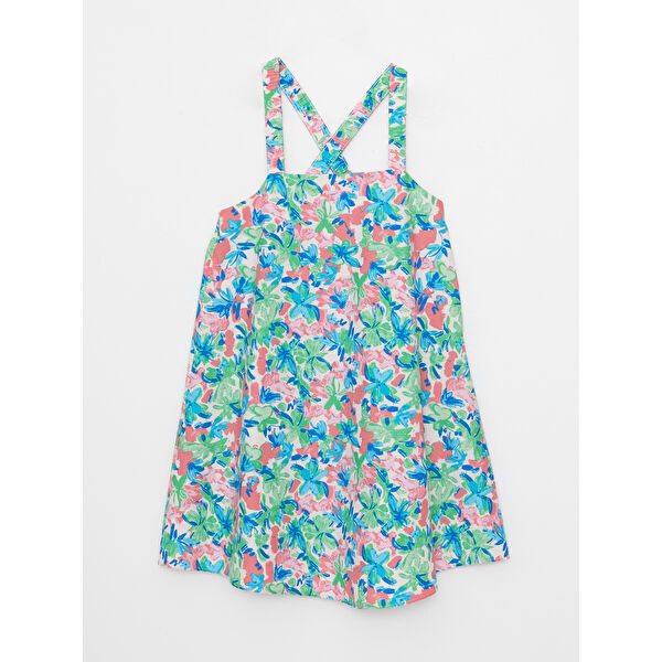 Kare Yaka Çiçekli Askılı Poplin Kadın Elbise