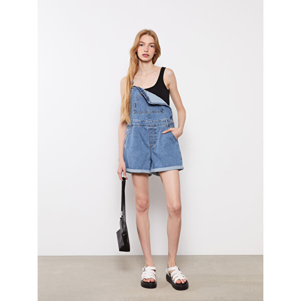 Kare Yaka Düz Cep Detaylı Kadın Jean Salopet