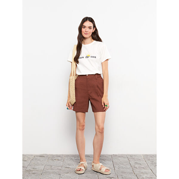 Rahat Kalıp Düz Cep Detaylı Keten Kadın Şort
