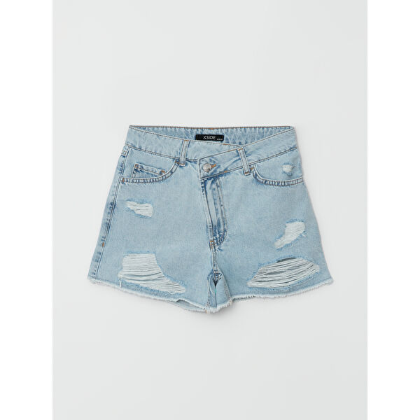 XSIDE Standart Fit Düz Yırtık Detaylı Kadın Jean Şort