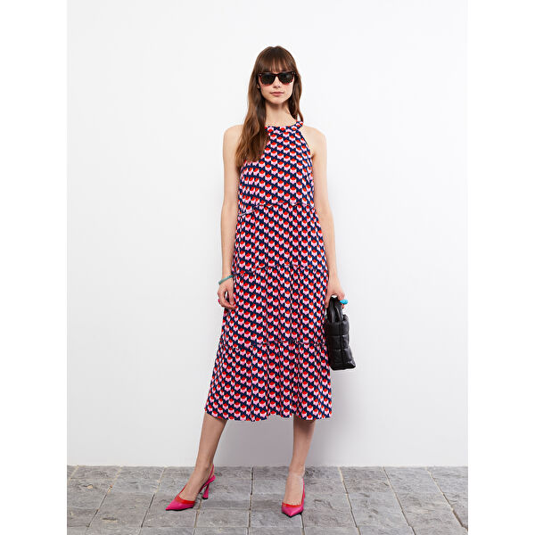 LCW CASUAL Halter Yaka Desenli Kolsuz Viskon Kadın Elbise