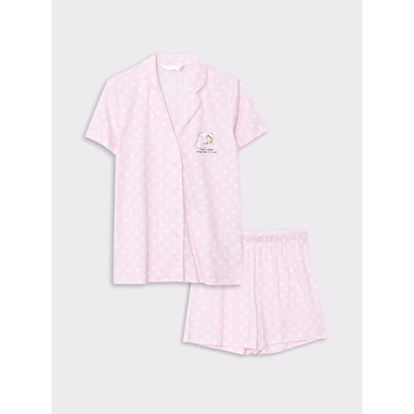 LCW DREAM Gömlek Yaka Puantiyeli Kısa Kollu Pamuklu Kadın Pijama Takımı