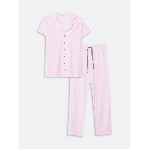 LCW DREAM Gömlek Yaka Puantiyeli Kısa Kollu Pamuklu Kadın Pijama Takımı