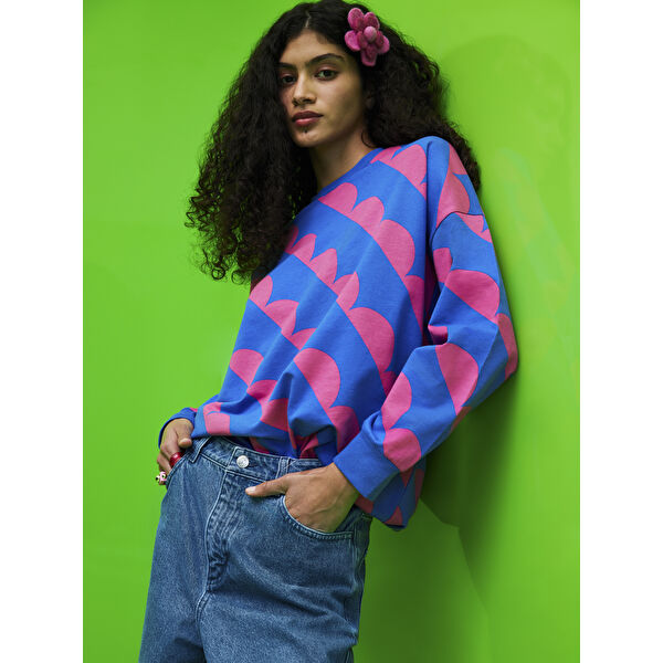 Kuaybe Gider X LC Waikiki Bisiklet Yaka Desenli Uzun Kollu Pamuklu Kadın Tunik