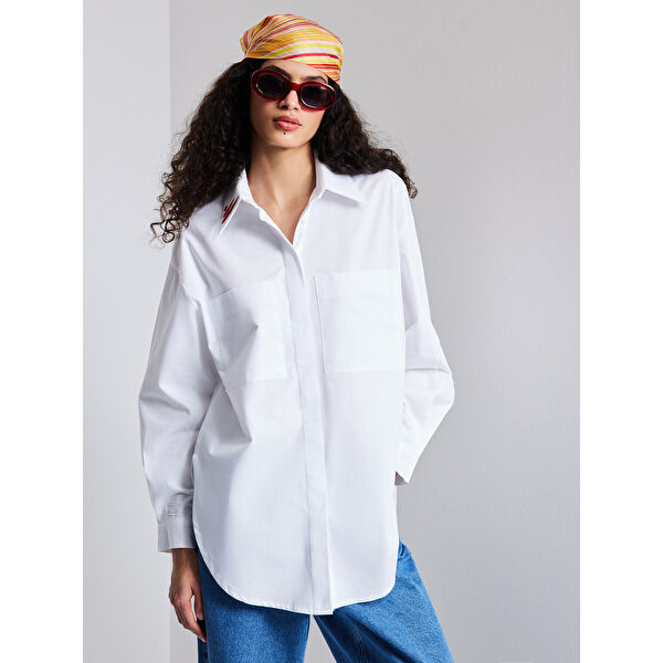 Kuaybe Gider X LC Waikiki Önden Düğme Kapamalı Nakışlı Uzun Kollu Oversize Pamuklu Kadın Gömlek