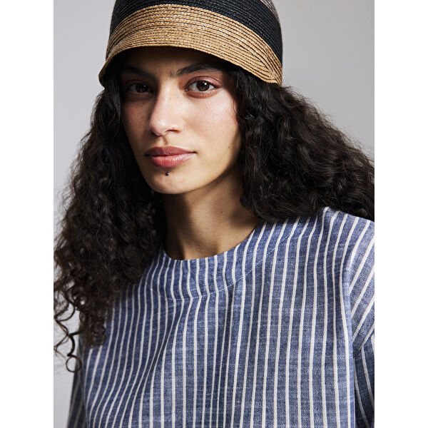 Kuaybe Gider X LC Waikiki Bisiklet Yaka Çizgili Uzun Kollu Oversize Keten Kadın Bluz