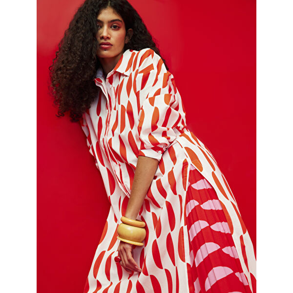 Kuaybe Gider X LC Waikiki Gömlek Yaka Desenli Uzun Kollu Oversize Pamuklu Kadın Tunik