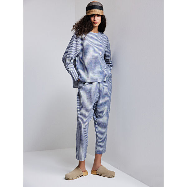 Kuaybe Gider X LC Waikiki Beli Lastikli Rahat Kalıp Çizgili Keten Kadın Pantolon
