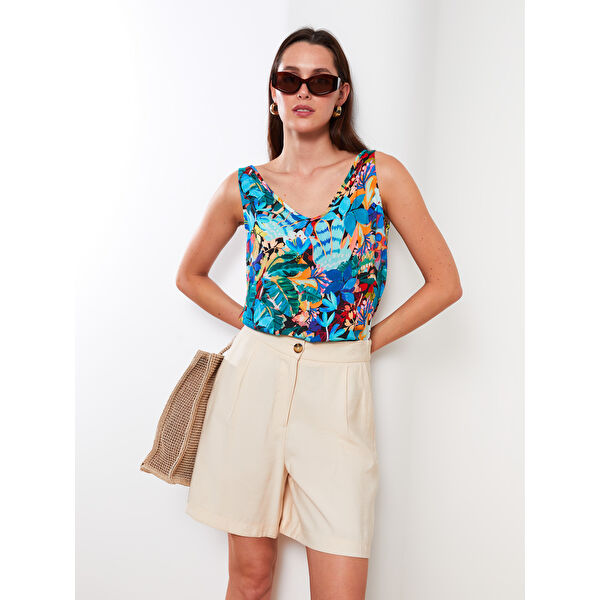 V Yaka Desenli Kolsuz Viskon Kadın Bluz