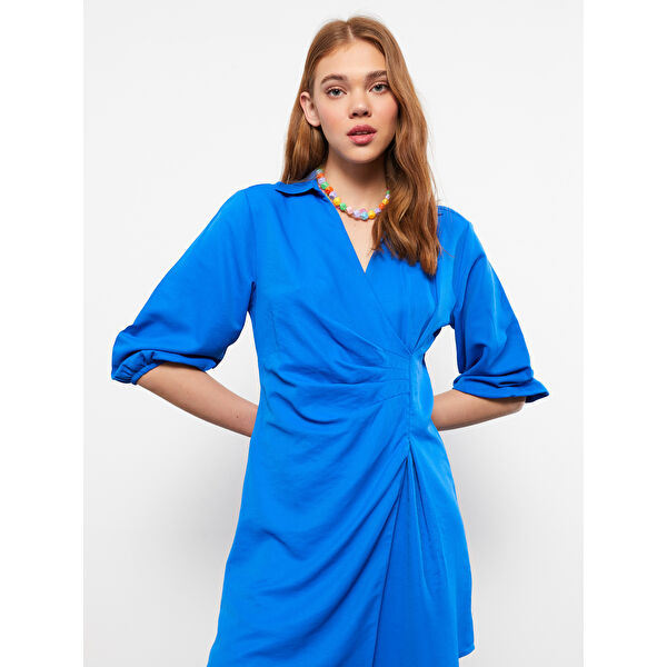 LCW LIMITED Kruvaze Yaka Düz Büzgü Detaylı Tencel Kumaş Kadın Elbise