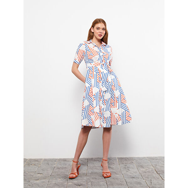 Gömlek Yaka Desenli Kısa Kollu Pamuklu Kadın Elbise Gömlek Yaka Desenli Kısa Kollu Pamuklu Kadın Elbise