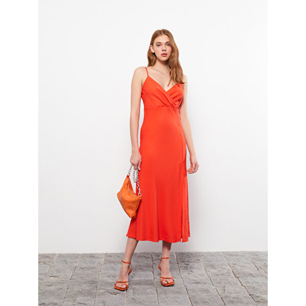 LCW LIMITED Kruvaze Yaka Düz Askılı Tencel Kadın Elbise