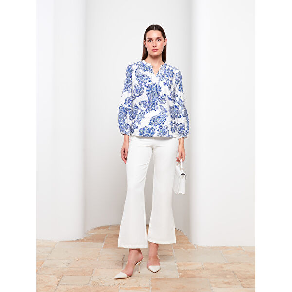 Bağlamalı Yaka Desenli Uzun Kollu Poplin Kadın Bluz