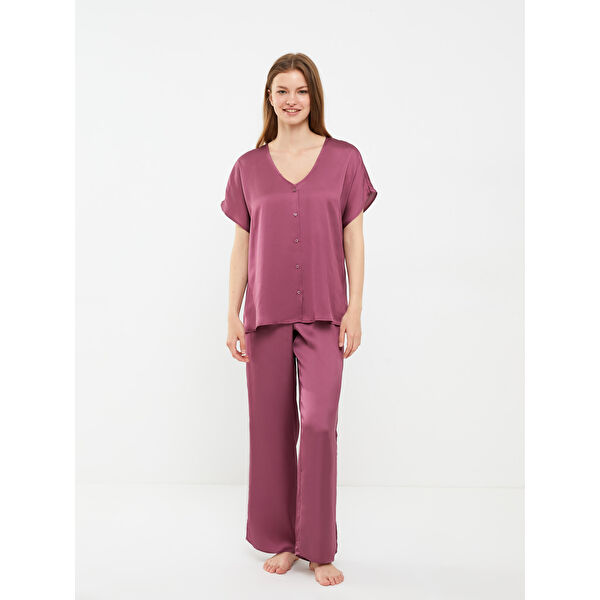 LCW DREAM V Yaka Düz Kısa Kollu Saten Kadın Pijama Takımı