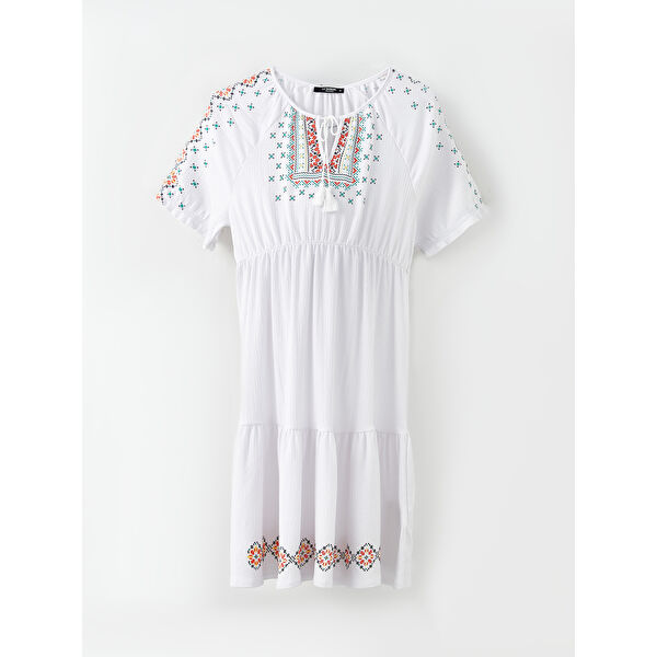 Bağlamalı Yaka Nakışlı Kısa Kollu Krinkle Hamile Elbise Bağlamalı Yaka Nakışlı Kısa Kollu Krinkle Hamile Elbise