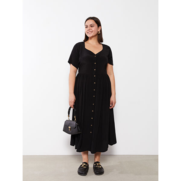 Büyük Beden Kalp Yaka Düz Kısa Kollu Viskon Kadın Elbise Büyük Beden Kalp Yaka Düz Kısa Kollu Viskon Kadın Elbise