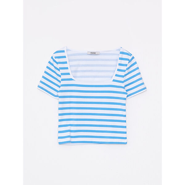 XSIDE Kare Yaka Çizgili Kısa Kollu Crop Pamuklu Kadın Tişört