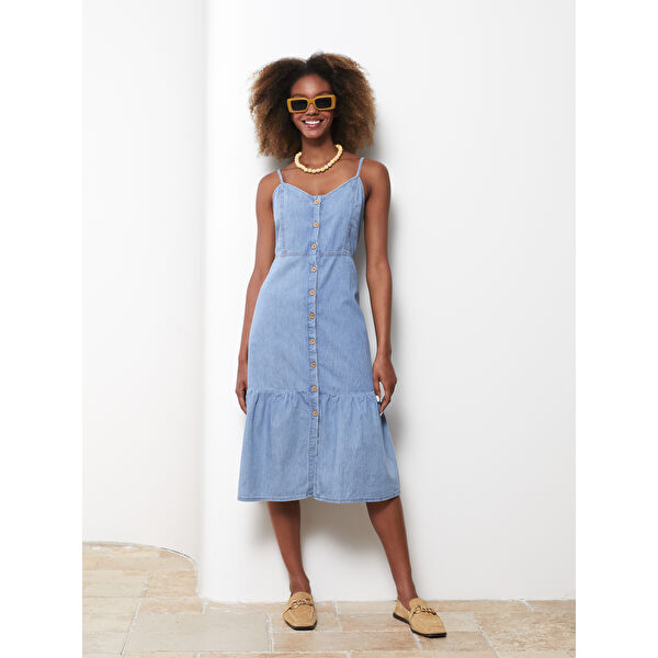 Kalp Yaka Düz Askılı Kadın Rodeo Jean Elbise Kalp Yaka Düz Askılı Kadın Rodeo Jean Elbise