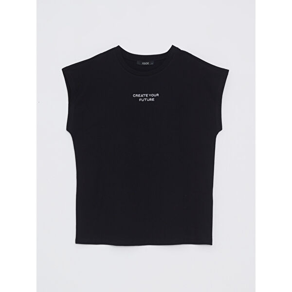 XSIDE Bisiklet Yaka Nakışlı Kısa Kollu Pamuklu Kadın Tişört