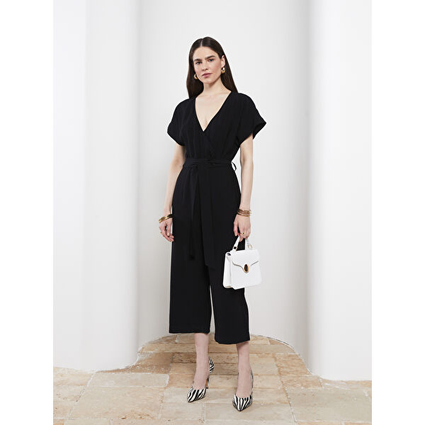 LCW VISION Kruvaze Yaka Düz Kısa Kollu Keten Kadın Tulum