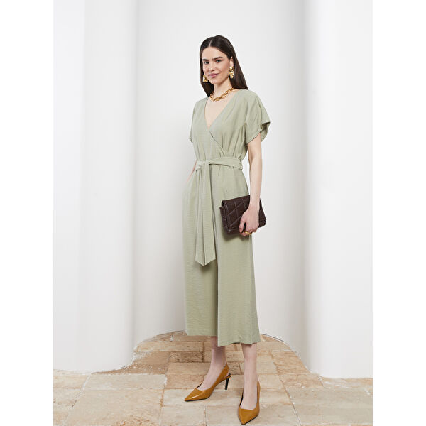 LCW VISION Kruvaze Yaka Düz Kısa Kollu Keten Kadın Tulum