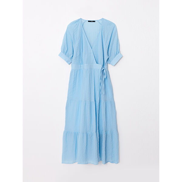 LCW VISION Kruvaze Yaka Düz Kısa Kollu Gofre Kadın Elbise