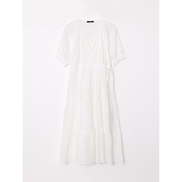 LCW VISION Kruvaze Yaka Düz Kısa Kollu Gofre Kadın Elbise